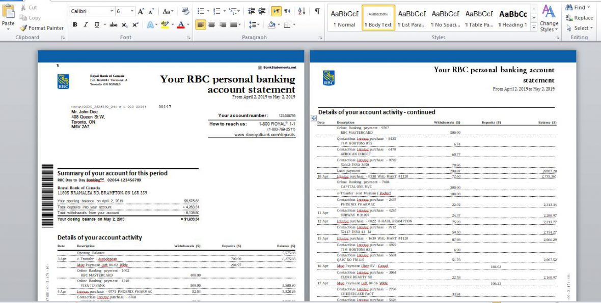 Canada RBC Bank Statement Editable Template In Word Format Fakedocshop Canada RBC Bank Statement Editable Template In Word Format Fakedocshop