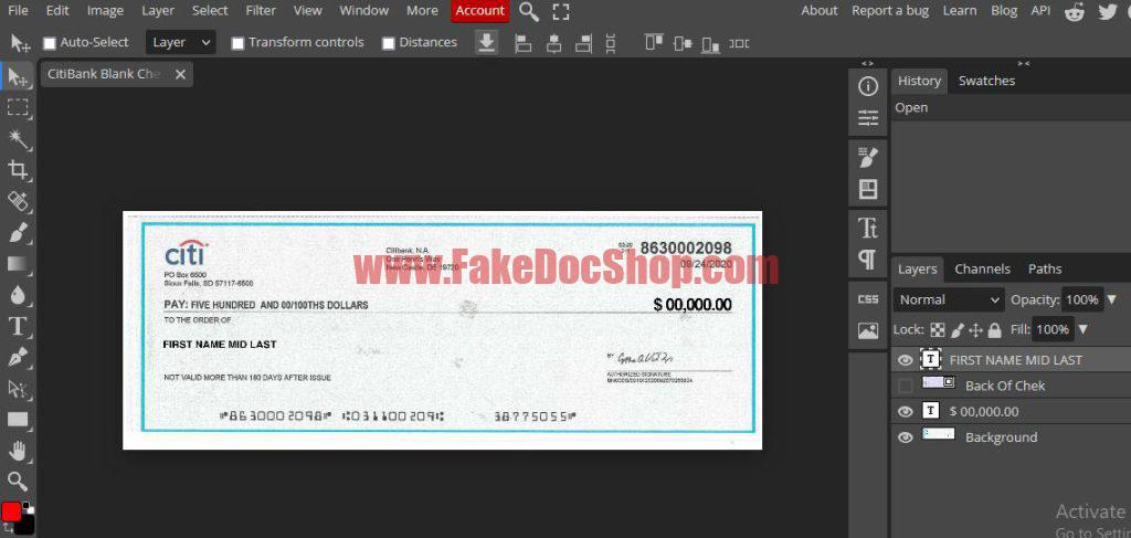 Citibank Blank Cheque PSD Template - Fakedocshop