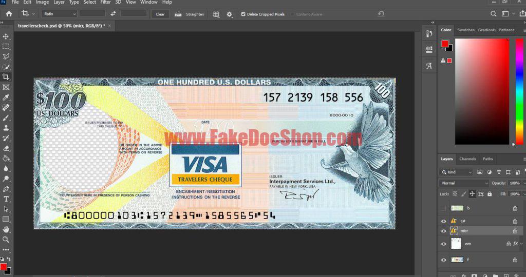 Visa Travelers Cheque Template PSD [100 US Dollars] - Fakedocshop