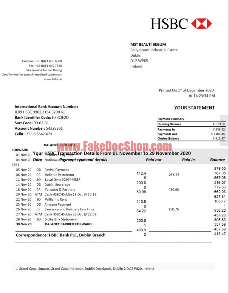Ireland HSBC Bank Statement Template - Fakedocshop