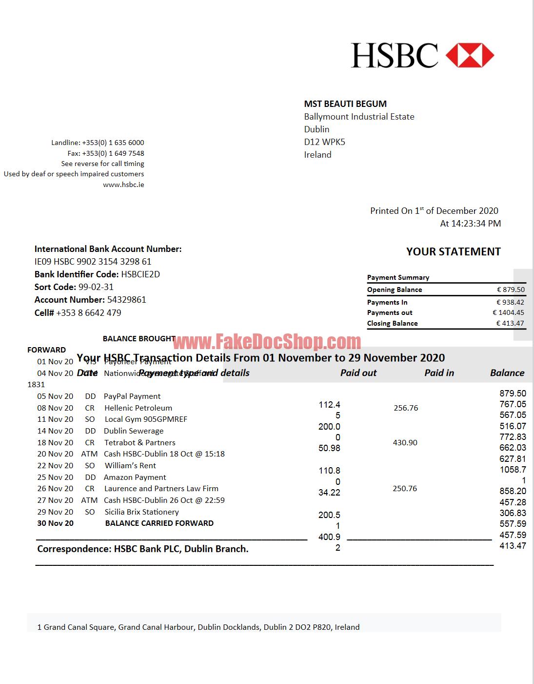Ireland HSBC Bank Statement Template - Fakedocshop