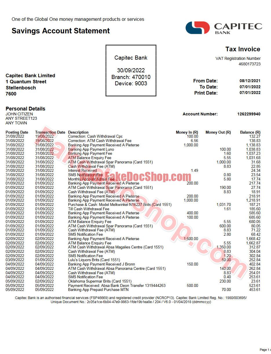 USA Capitec Banking Statement Word And PDF Template - Fakedocshop