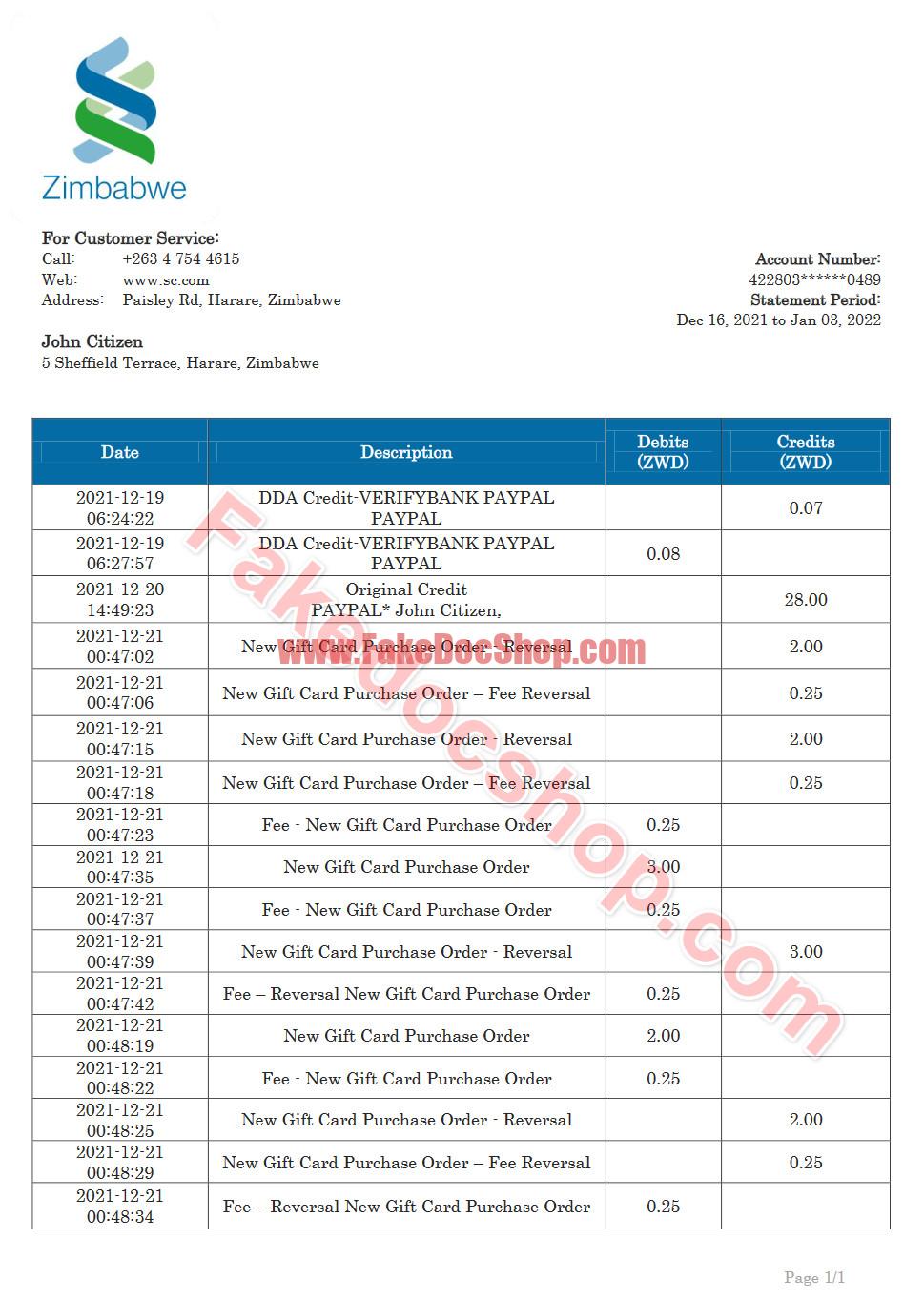 Zimbabwe Standard Chartered Bank Statement Template - Fakedocshop