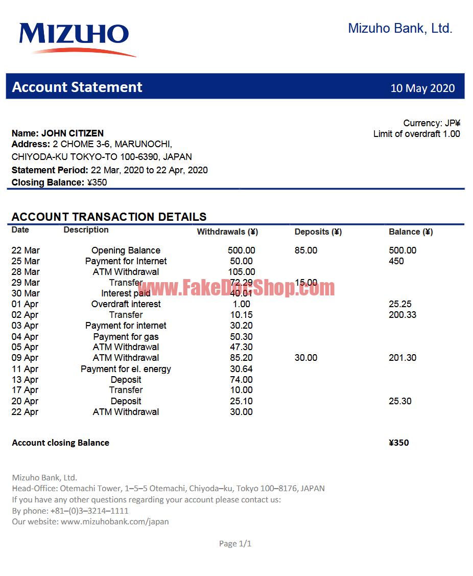 Japan Mizuho Bank Statement Template - Fakedocshop