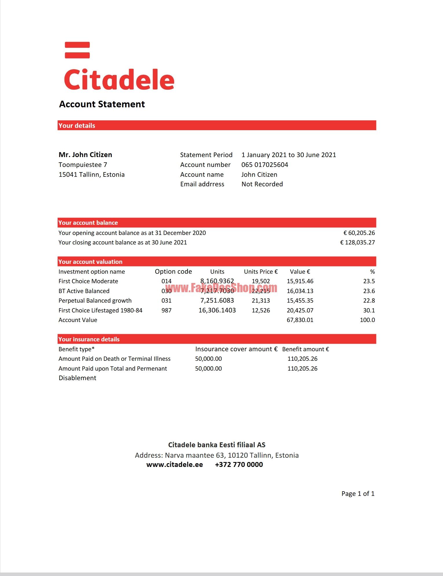 Estonia Citadele Banka Eesti Filial AS Bank Statement Excel And PDF ...