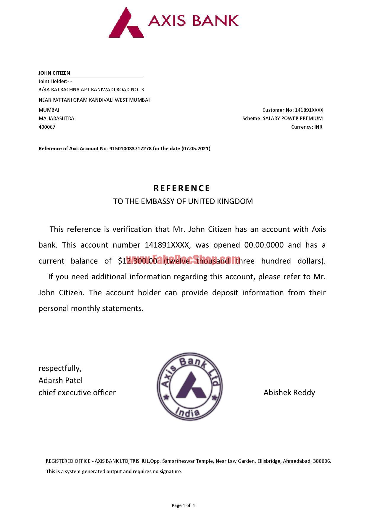 India Axis Bank Reference Letter Templates - Fakedocshop