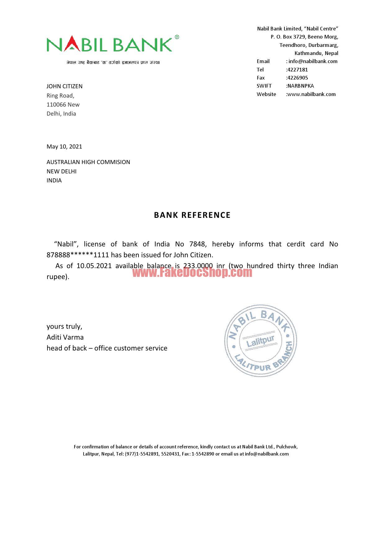India Nabil Bank Reference Letter Template - Fakedocshop