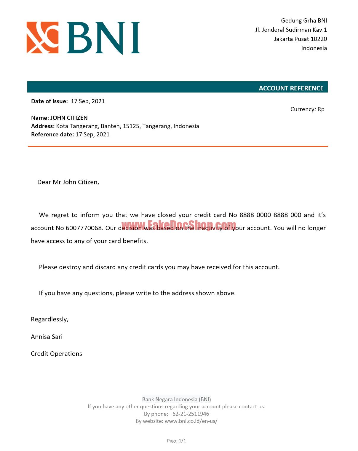 Indonesia Negara Bank Reference Letter Template - Fakedocshop