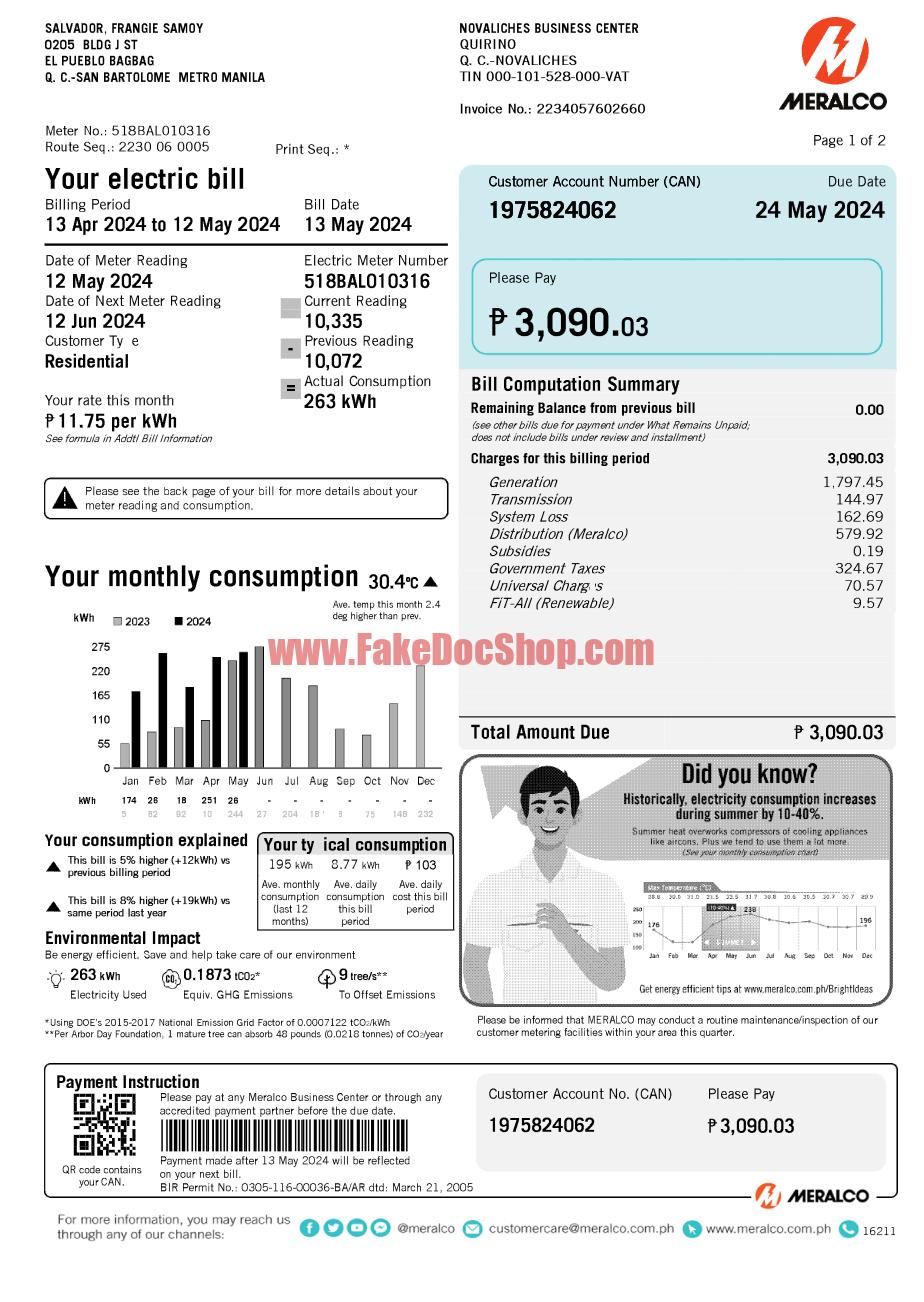 Philippines Meralco Utility Bill Template In Word Format (2024 Version ...
