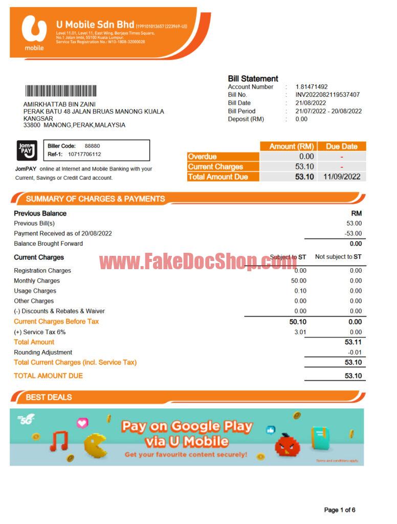Malaysia Mobile Phone Bill From U Mobile Template In Word And PDF ...