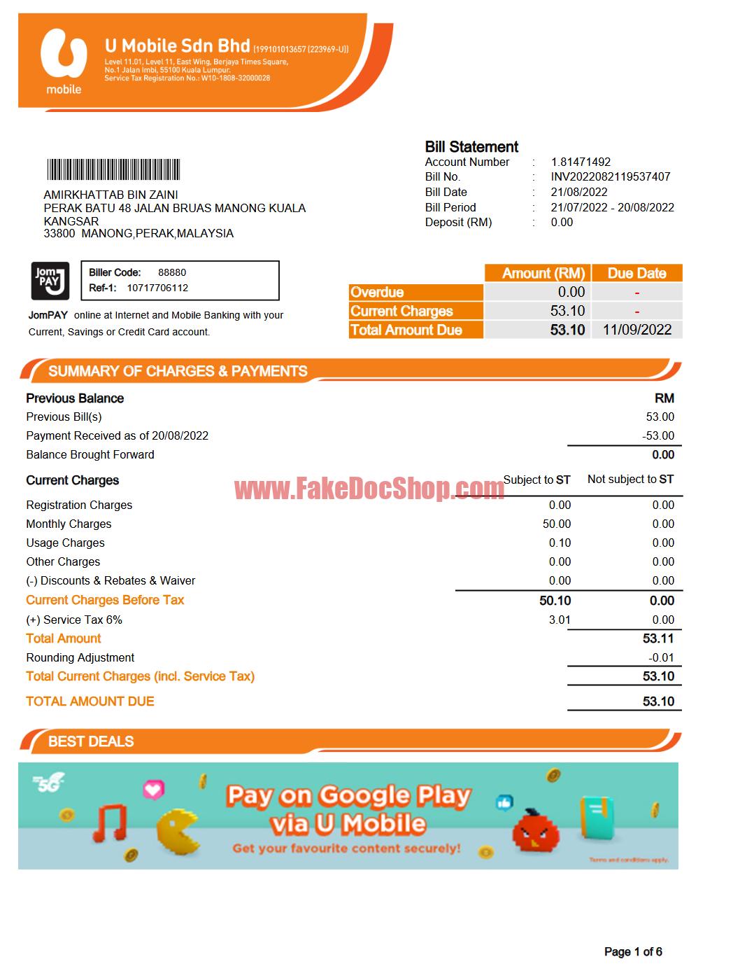 Malaysia Mobile Phone Bill From U Mobile Template In Word And PDF ...