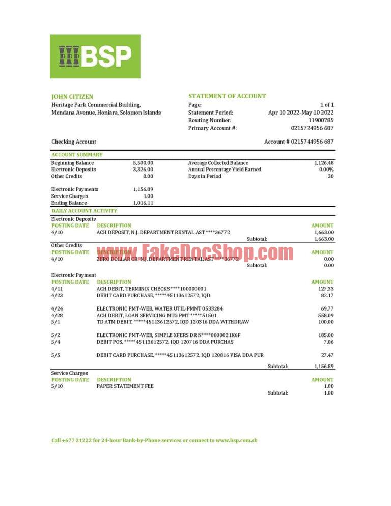 Solomon Islands BSP Bank Statement Excel And PDF Template - Fakedocshop
