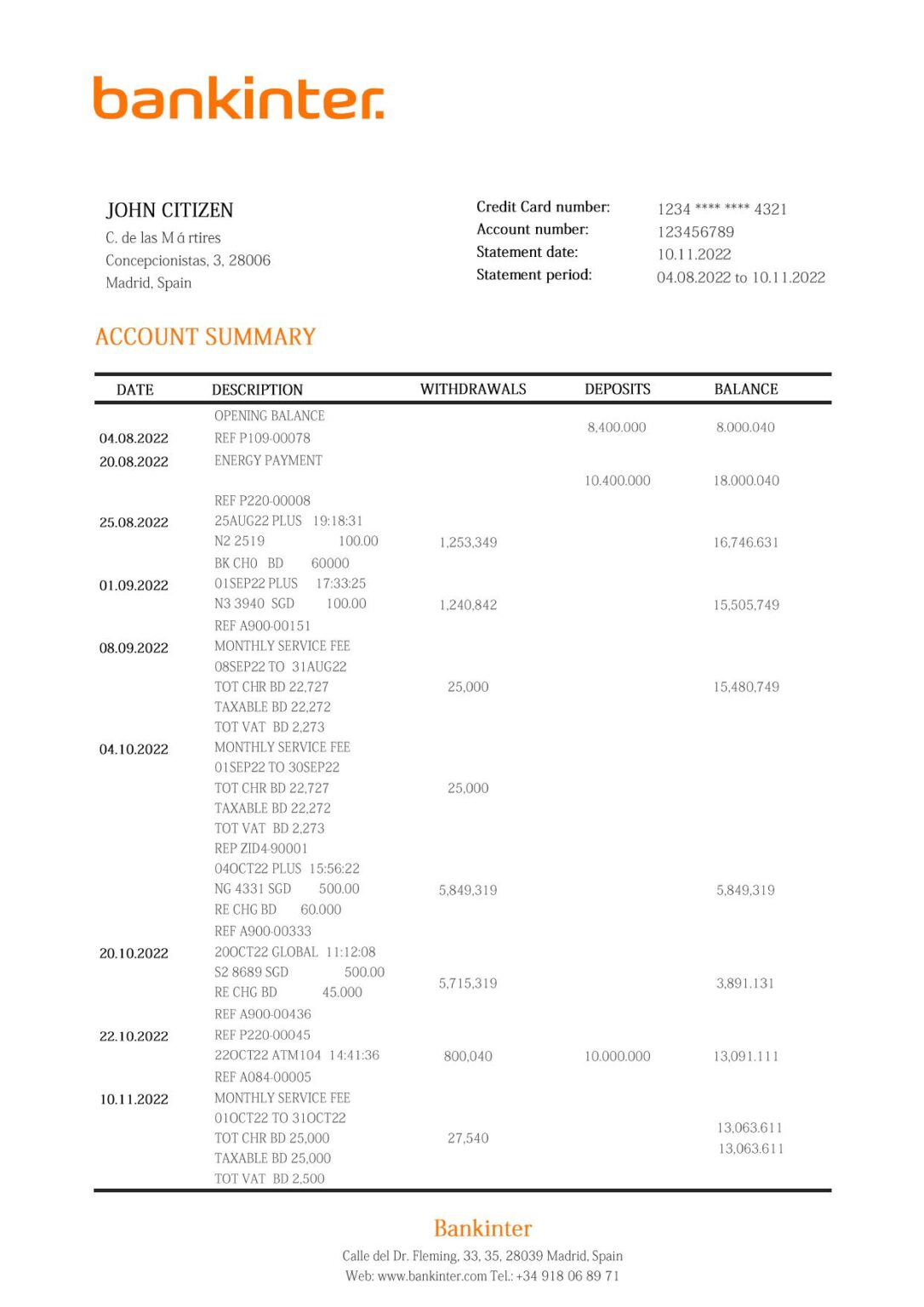 Spain Bankinter Bank Statement Template In Word And PDF Format ...