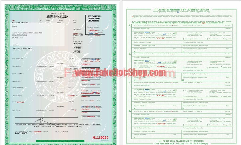 Colorado Car Title Template In Word And PDF Format - Fakedocshop