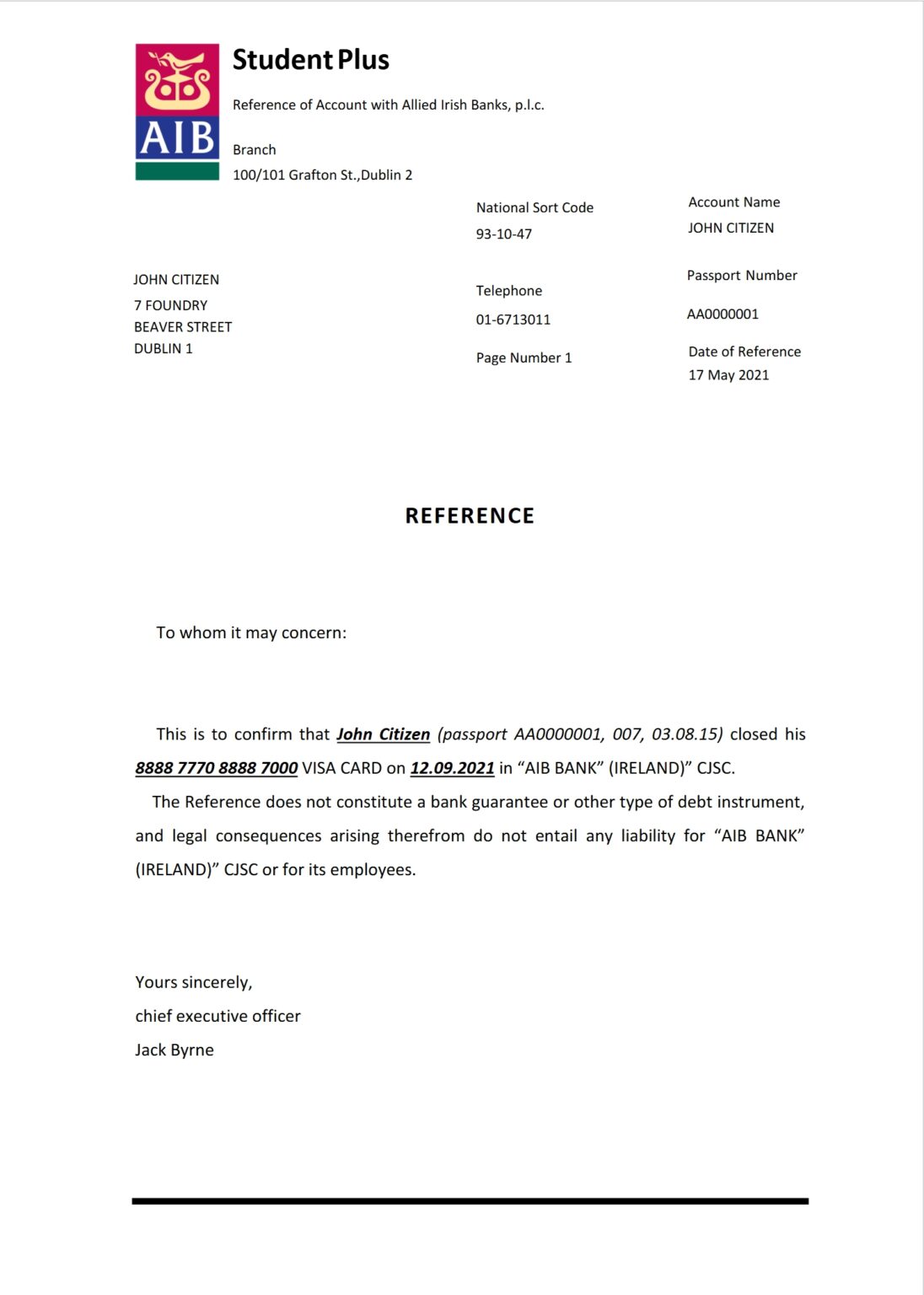 Ireland AIB Bank Account Reference Letter Template - Fakedocshop