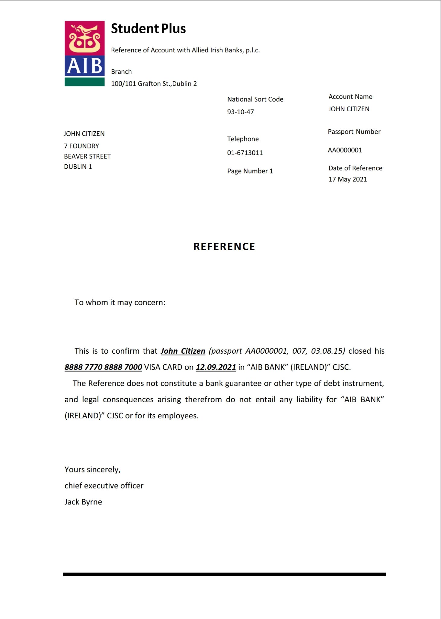 Ireland AIB Bank Account Reference Letter Template - Fakedocshop
