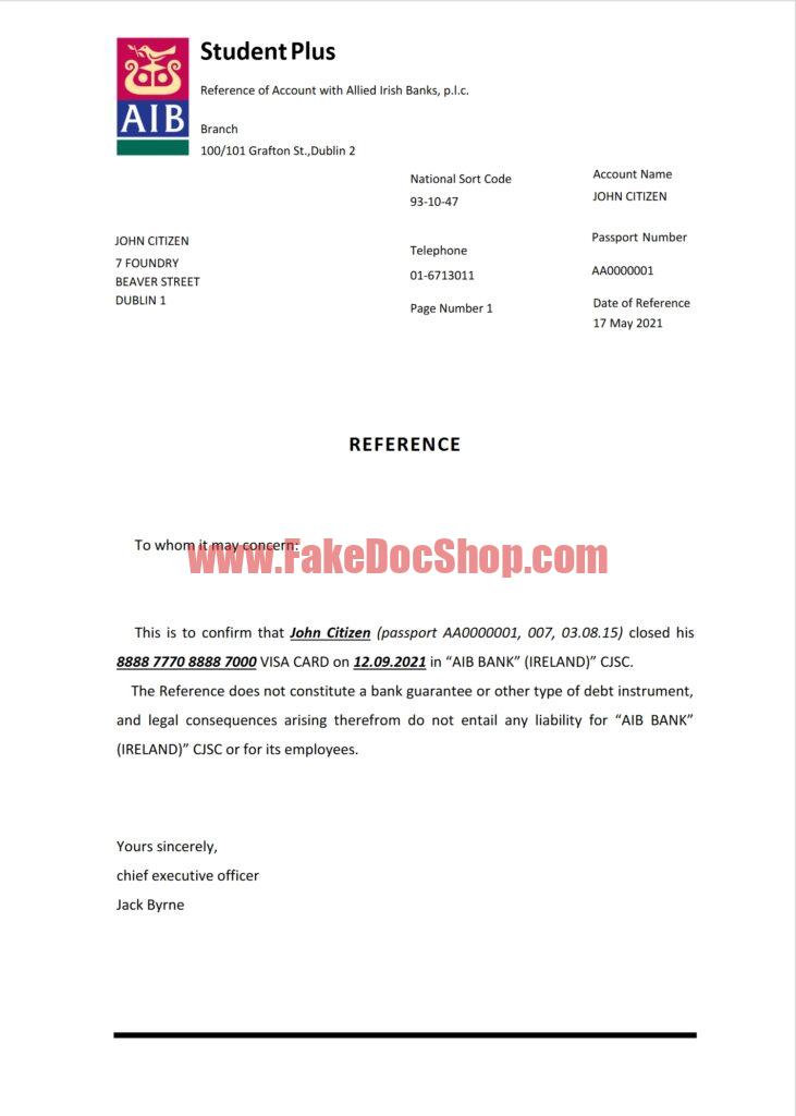 Ireland AIB Bank Account Reference Letter Template - Fakedocshop