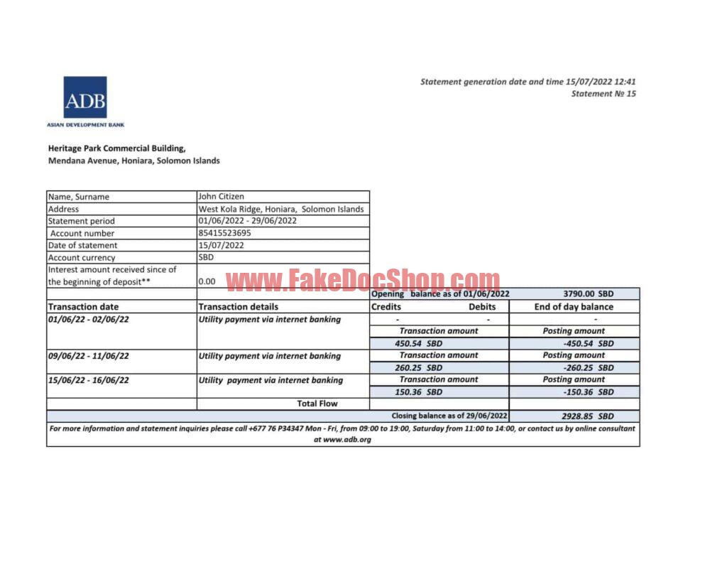 Solomon Islands ADB Bank Statement Excel And PDF Template - Fakedocshop