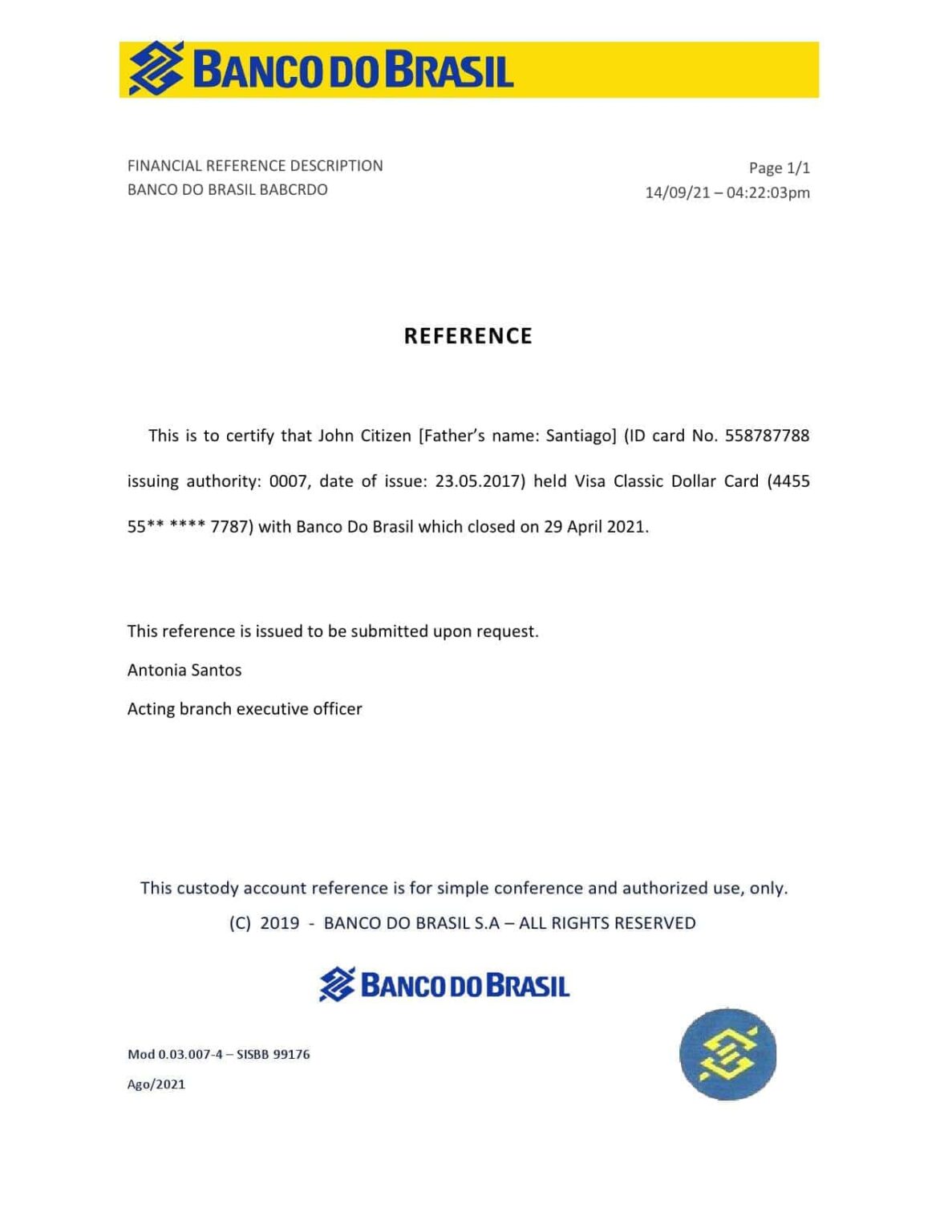 Brazil Banco Do Brasil Bank Reference Letter Template - Fakedocshop