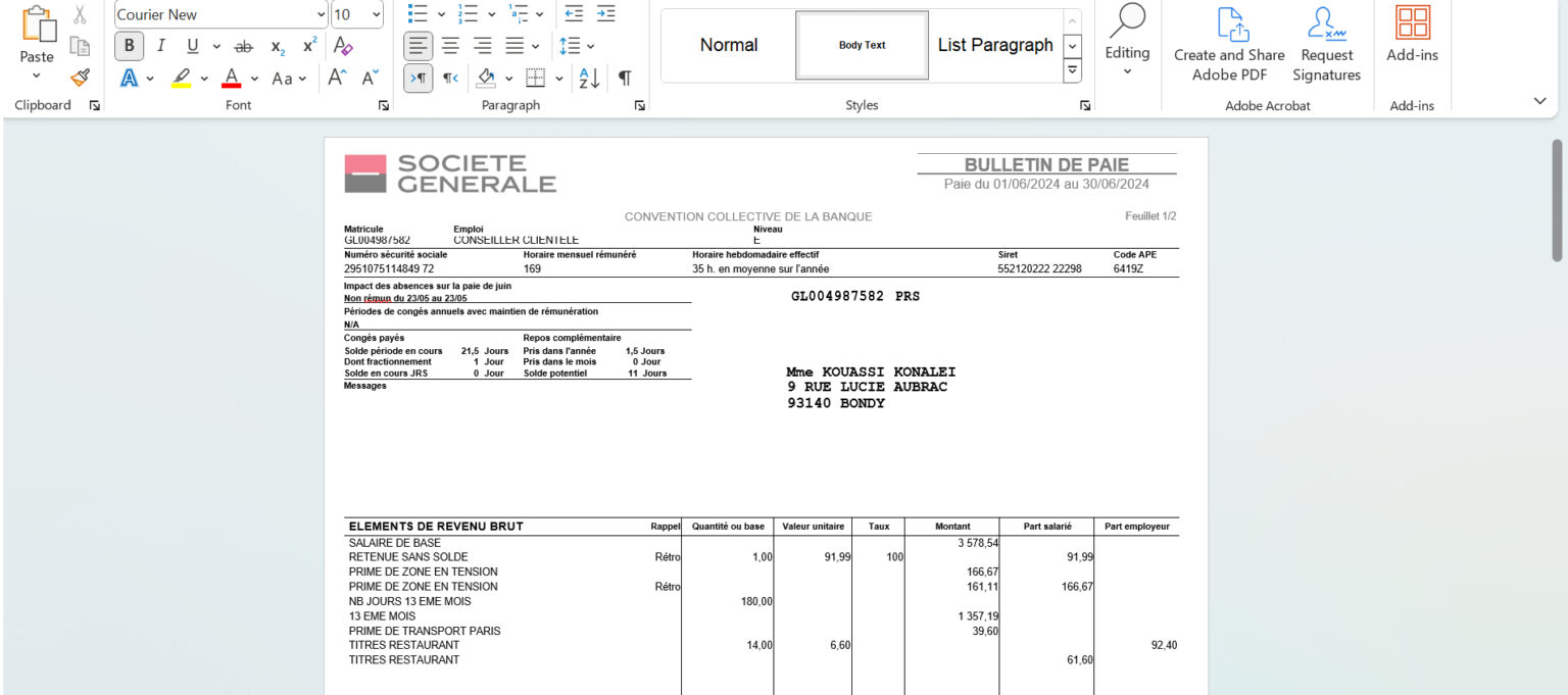 France Pay Slip (Bulletin De Paie) Template In Word And PDF Format ...