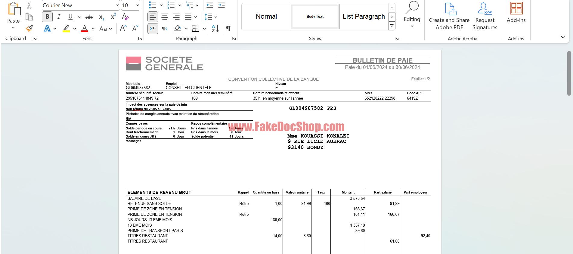 France Pay Slip (Bulletin De Paie) Template In Word And PDF Format ...