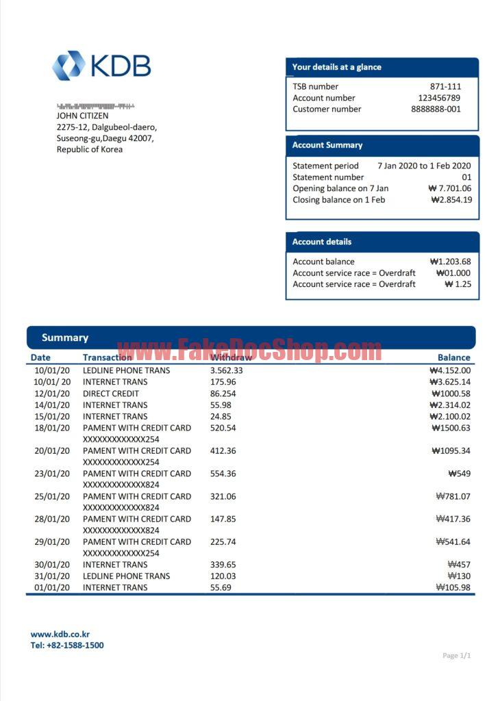 South Korea KDB Bank Statement Word And PDF Template - Fakedocshop