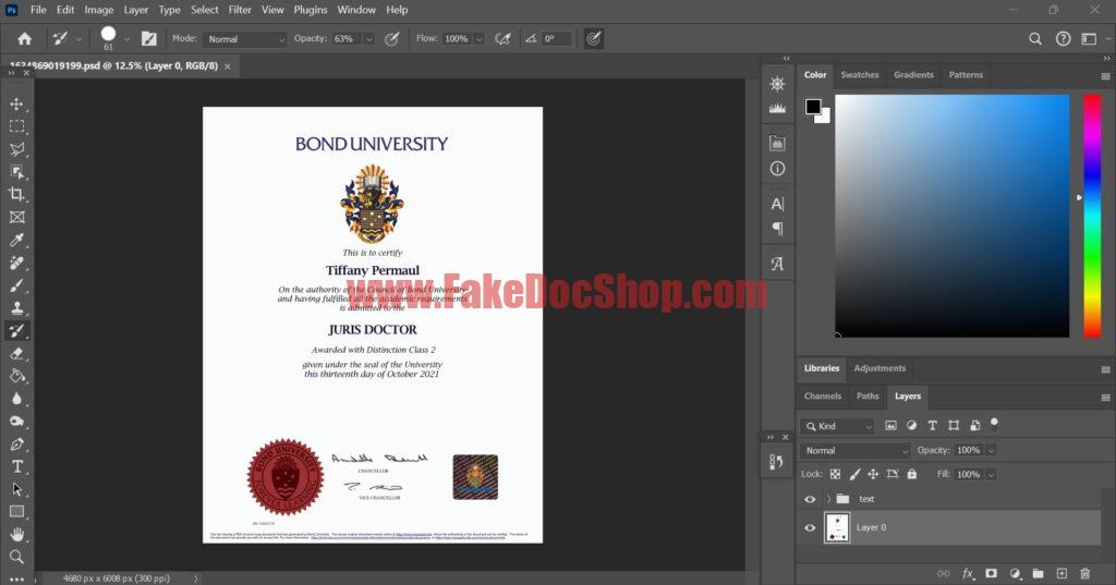 Fake Certificate From Bond University PSD Template - Fakedocshop