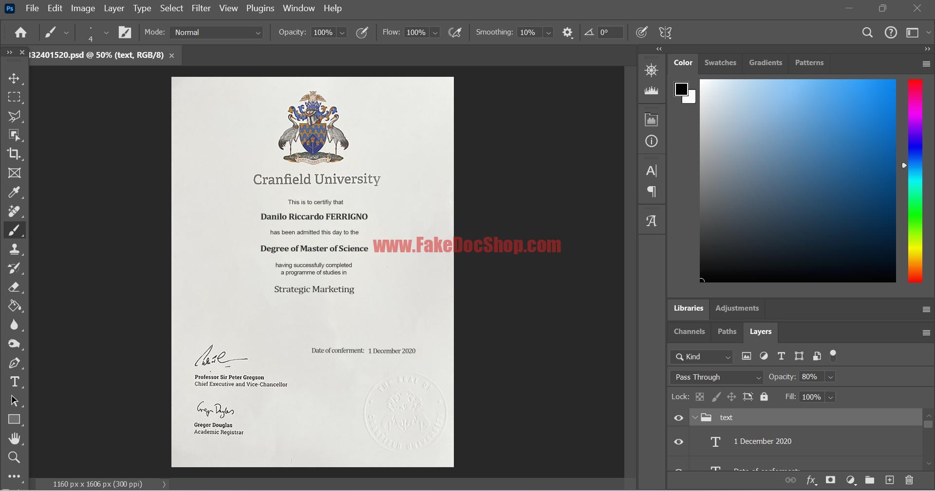 Fake Certificate From Cranfield University PSD Template - Fakedocshop