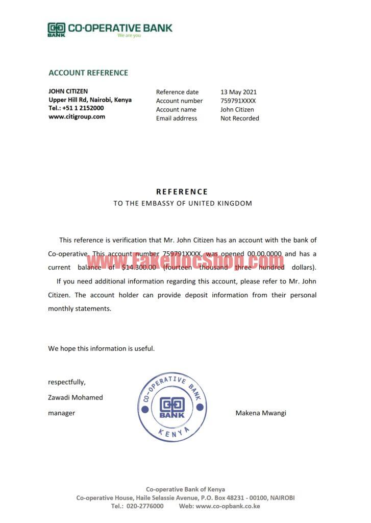 Kenya Co-operative Bank Reference Letter Template - Fakedocshop