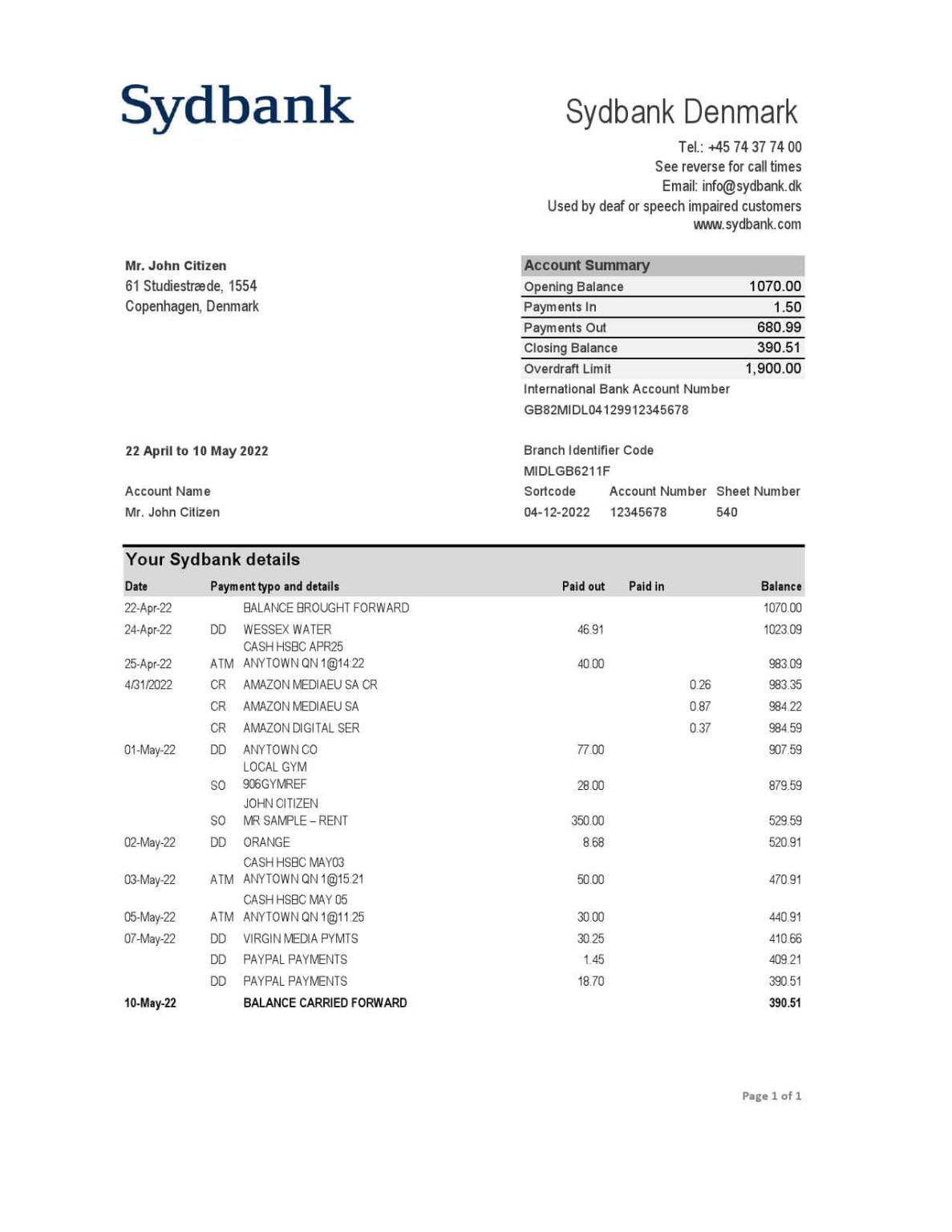 Denmark Sydbank Statement Excel And PDF Template - Fakedocshop