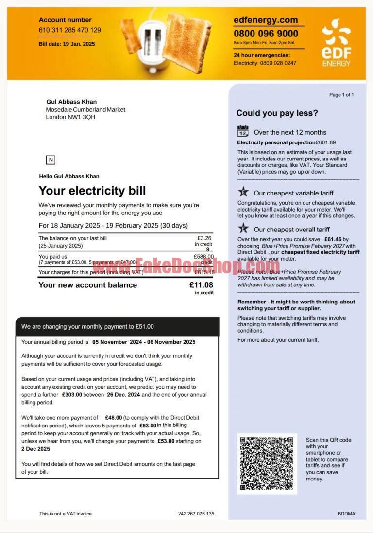 EDF Energy UK Utility Bill Template - 2025 Version - Fakedocshop