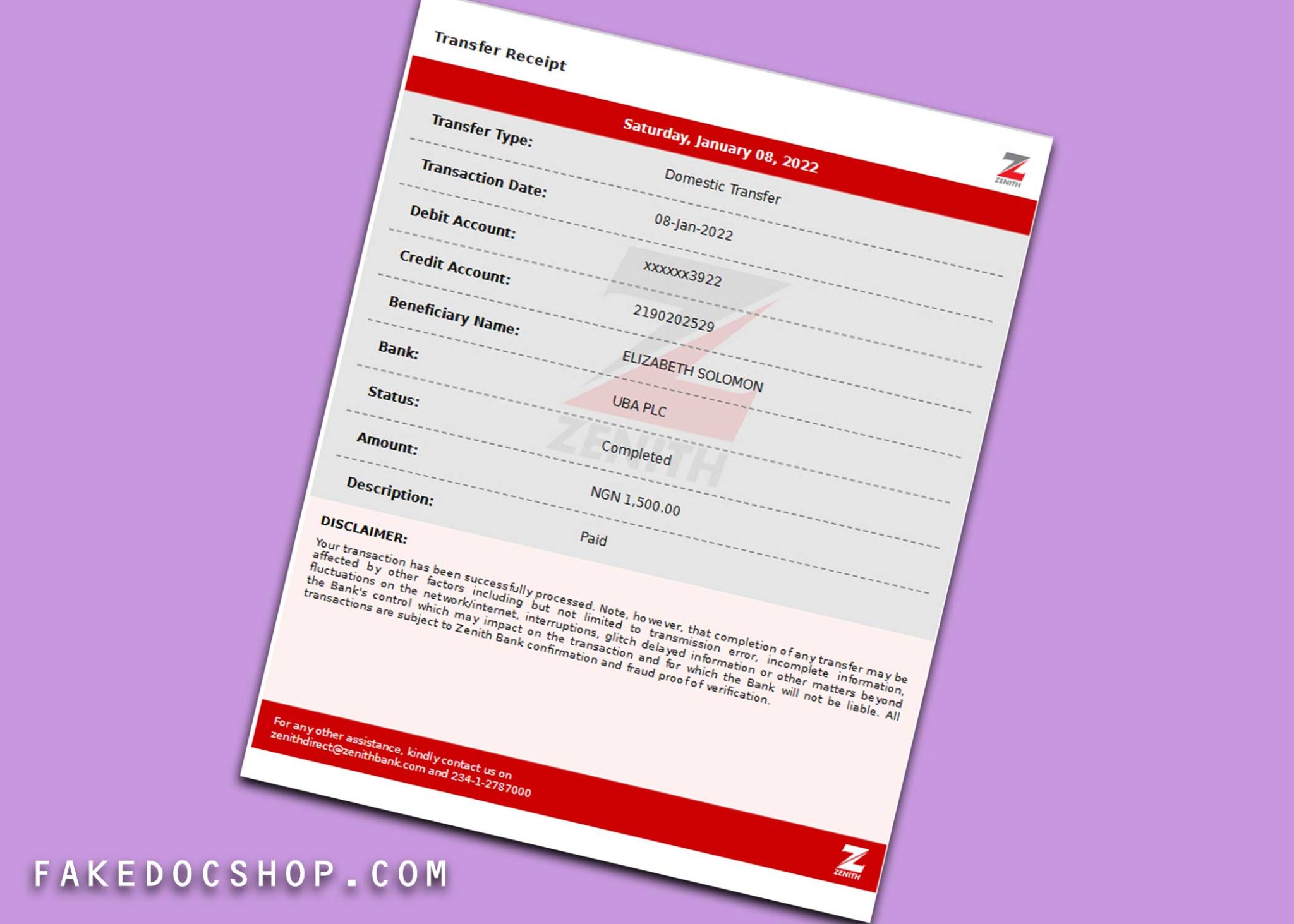 Zenith Nigeria Money Transfer Receipt Template - Fakedocshop