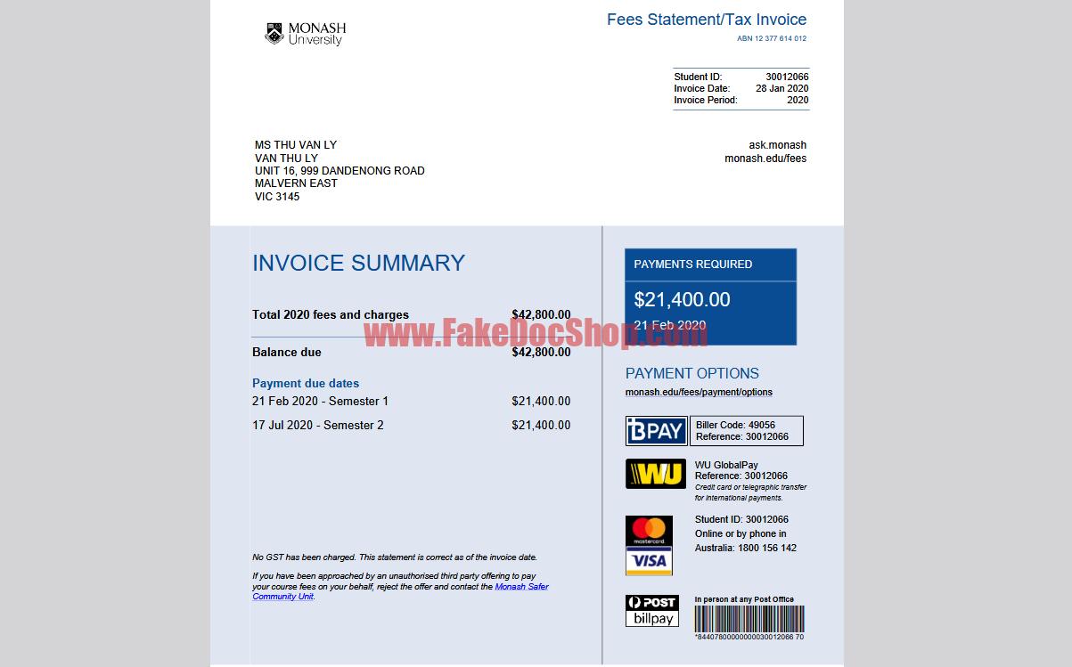 Australia Monash University Fees Statement Template In Word And Pdf ...
