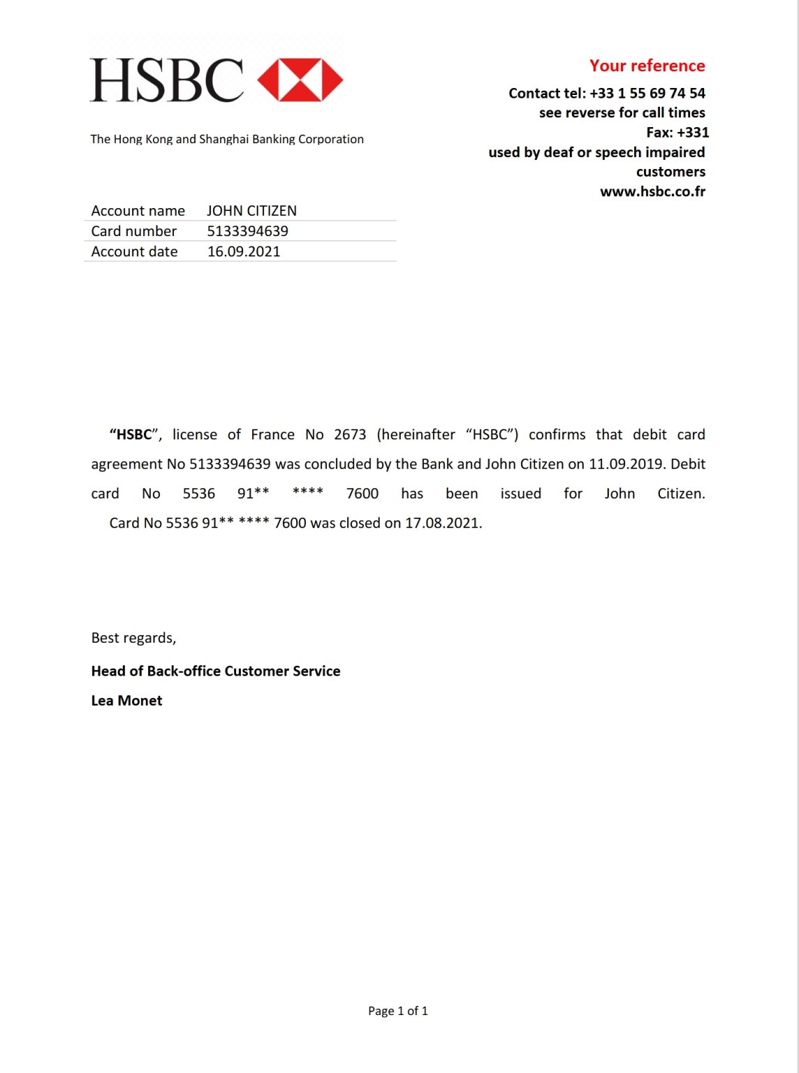 France HSBC Bank Account Reference Letter Template - Fakedocshop