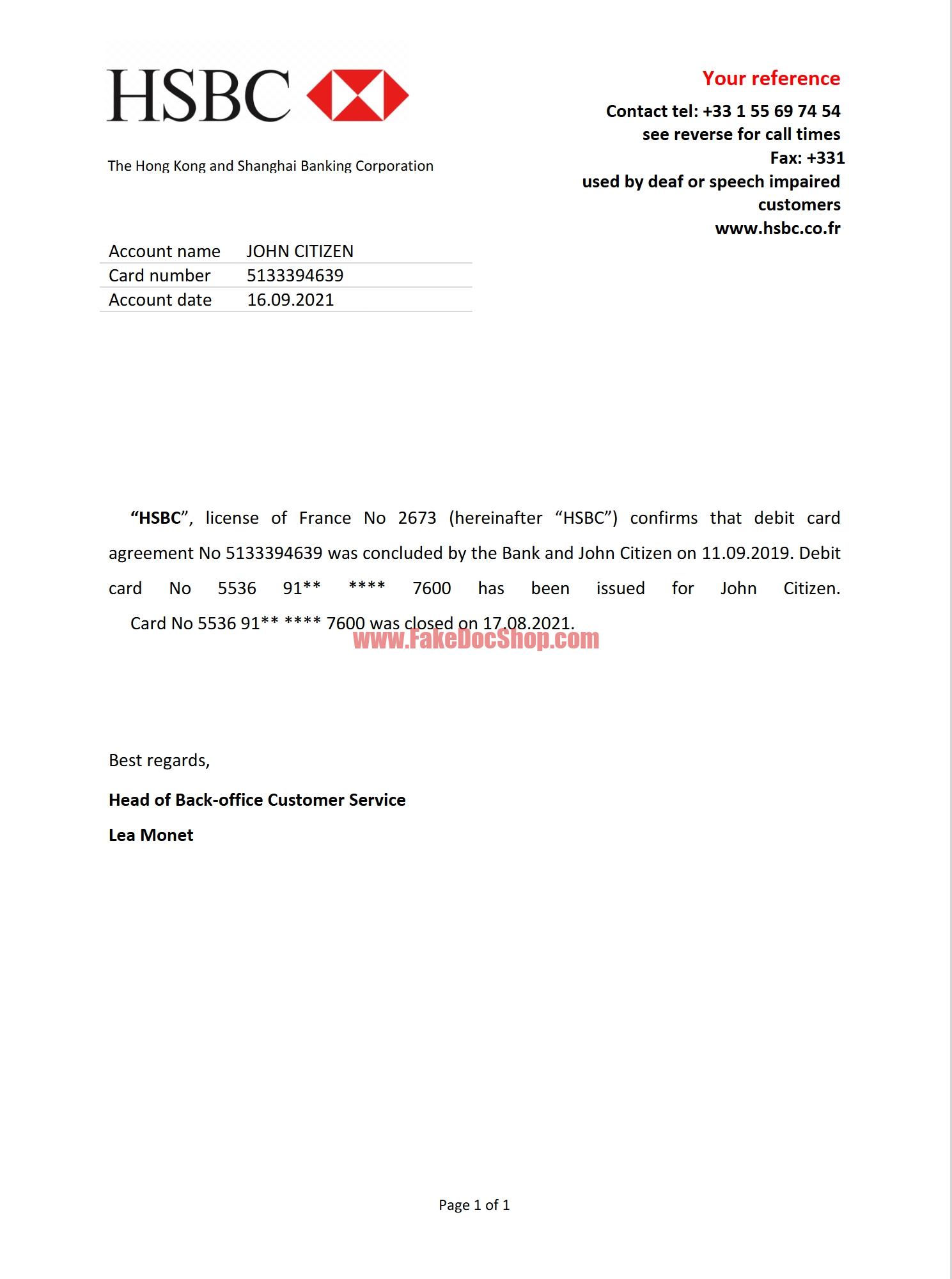 France HSBC Bank Account Reference Letter Template - Fakedocshop