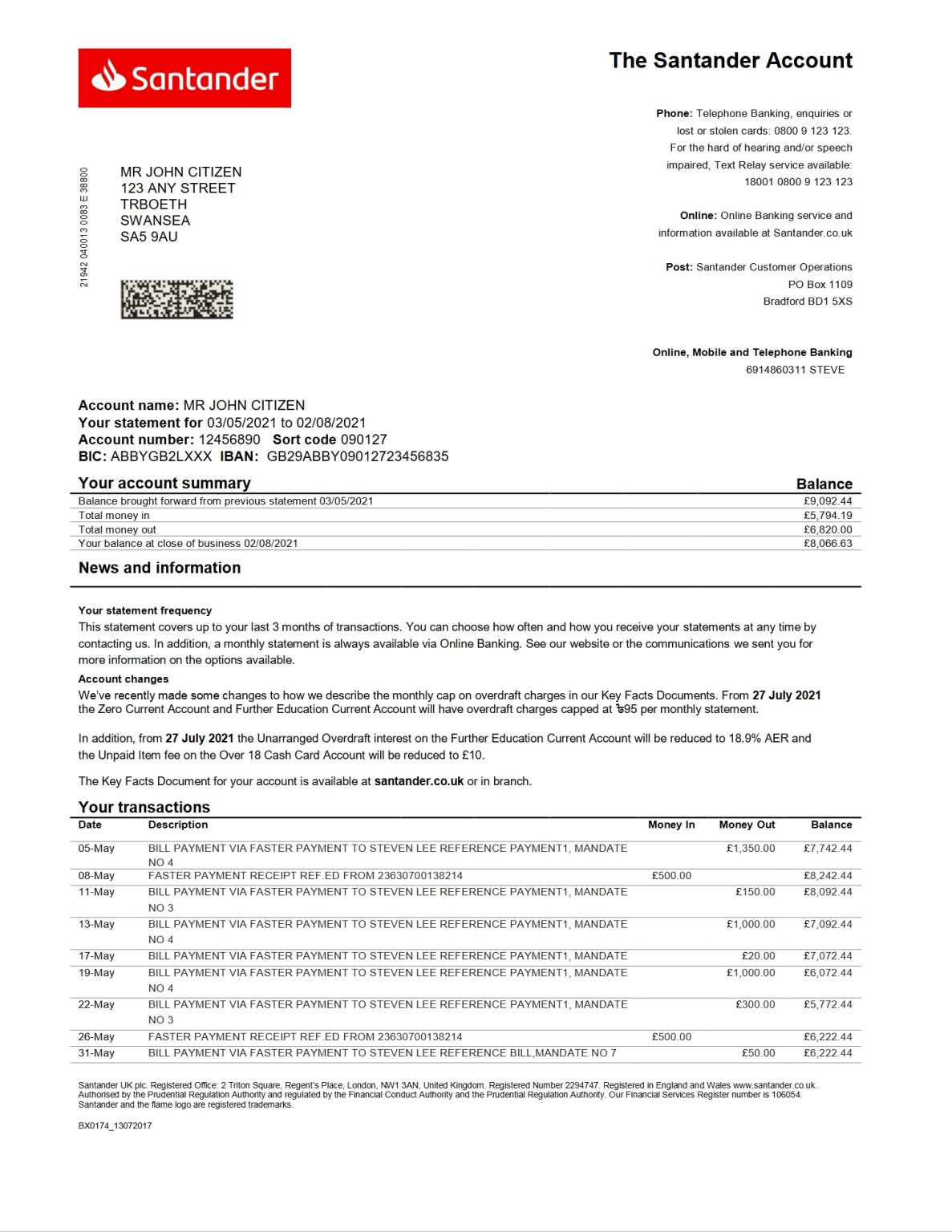United Kingdom Santander Bank Statement Word And PDF Template (2 Pages ...