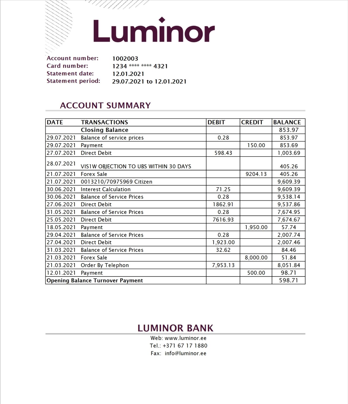 Estonia Luminor Bank Statement Excel And PDF Template - Fakedocshop