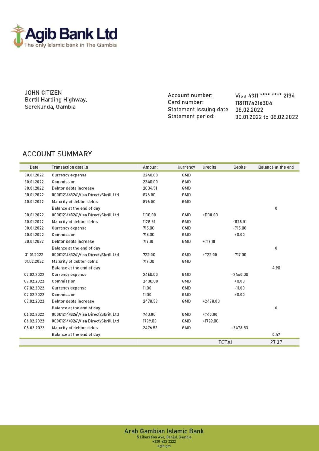 Gambia Arab Gambian Islamic Bank Statement Template - Fakedocshop