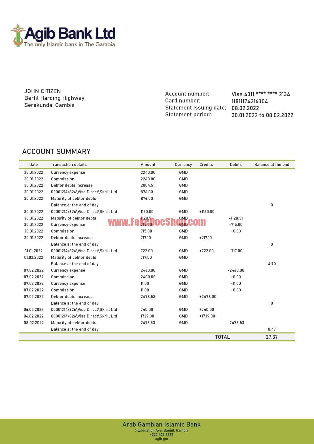 Gambia Arab Gambian Islamic Bank Statement Template - Fakedocshop
