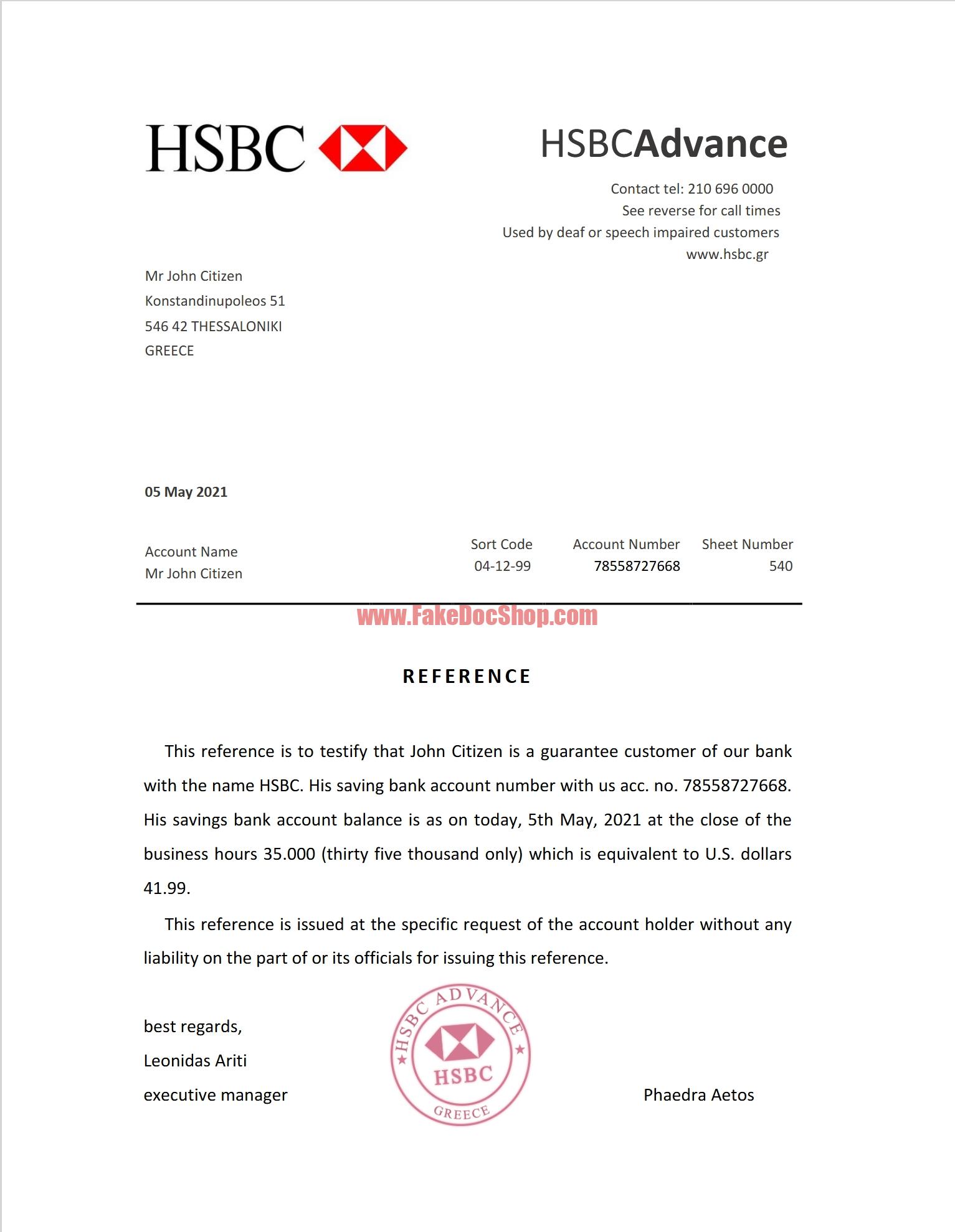 Greece HSBC Bank Reference Letter Template - Fakedocshop