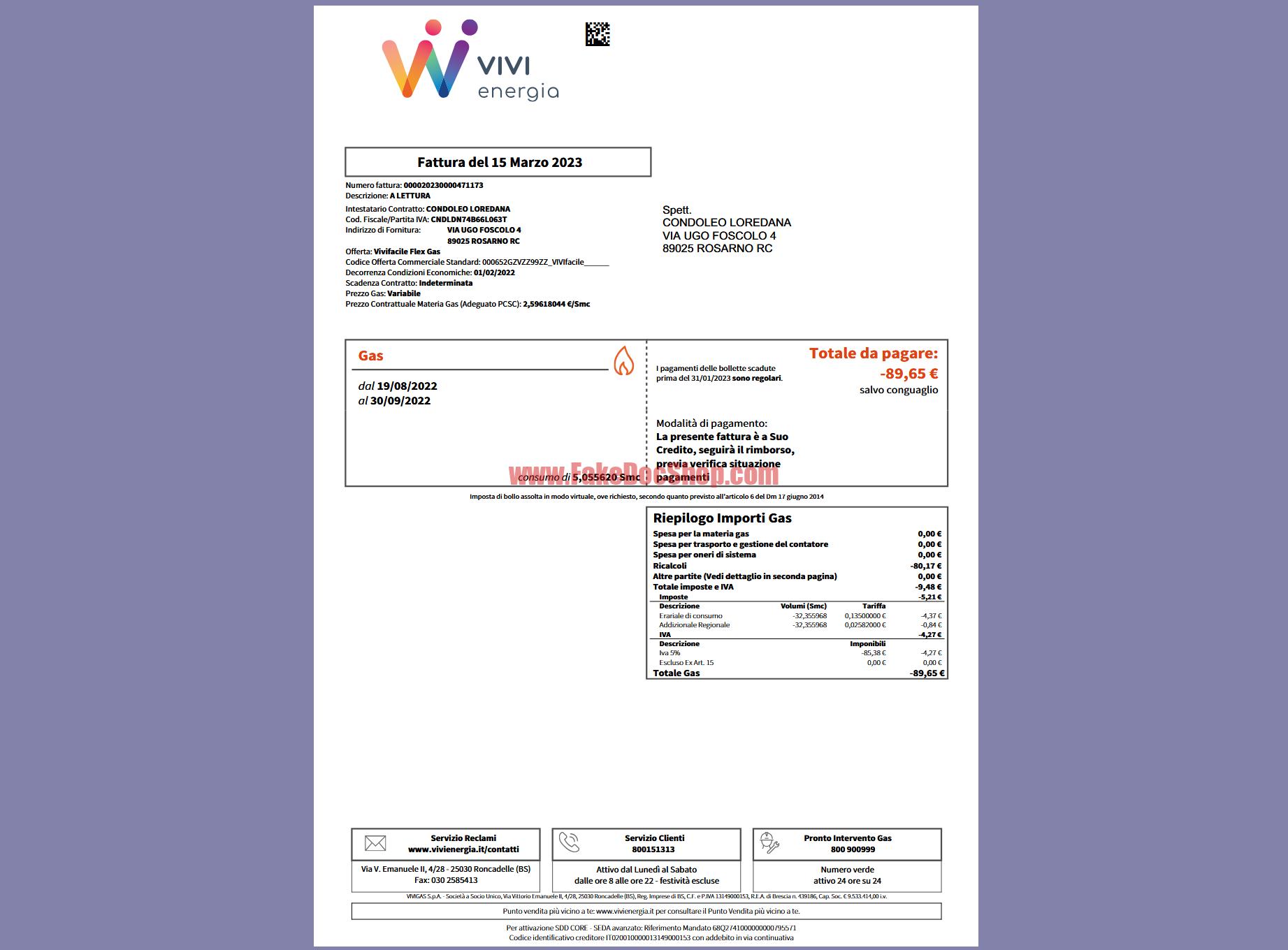 Italy VIVI Energia Gas Bill Template In Word And Pdf Format - Fakedocshop