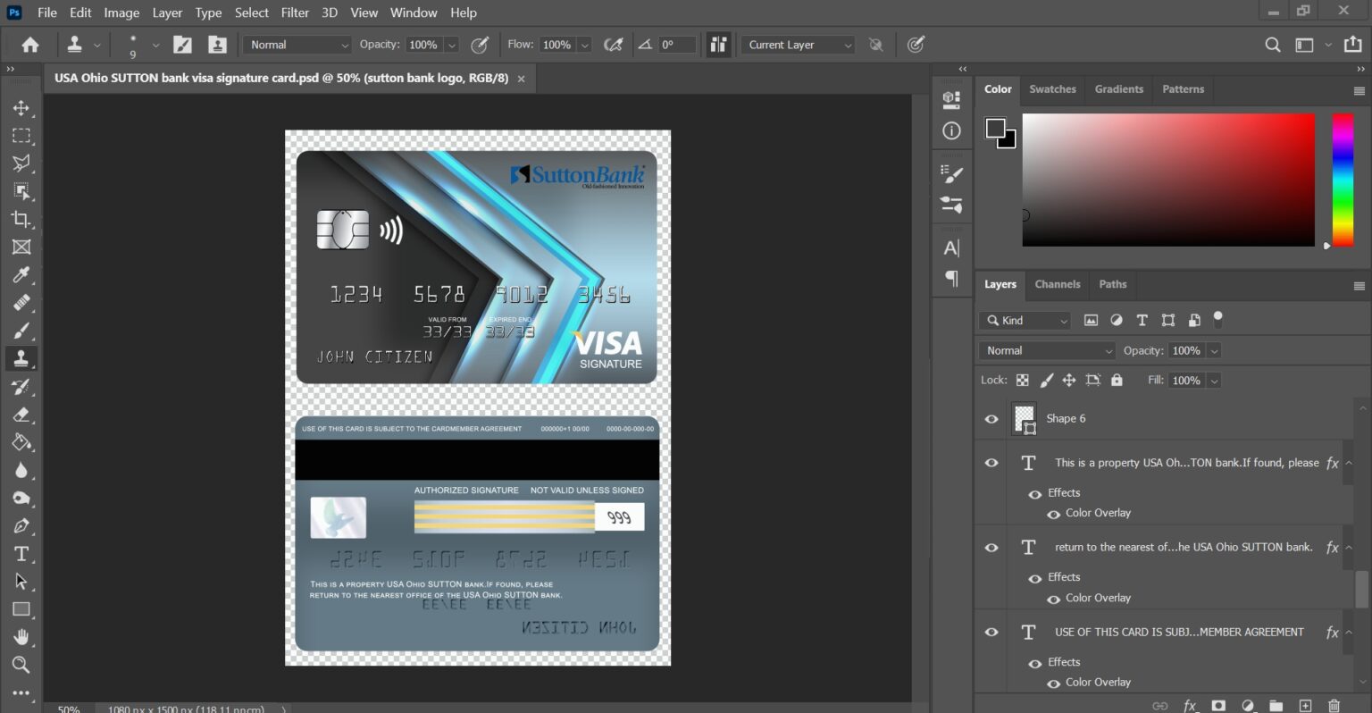 USA Ohio SUTTON Bank Visa Signature Card PSD Template - Fakedocshop