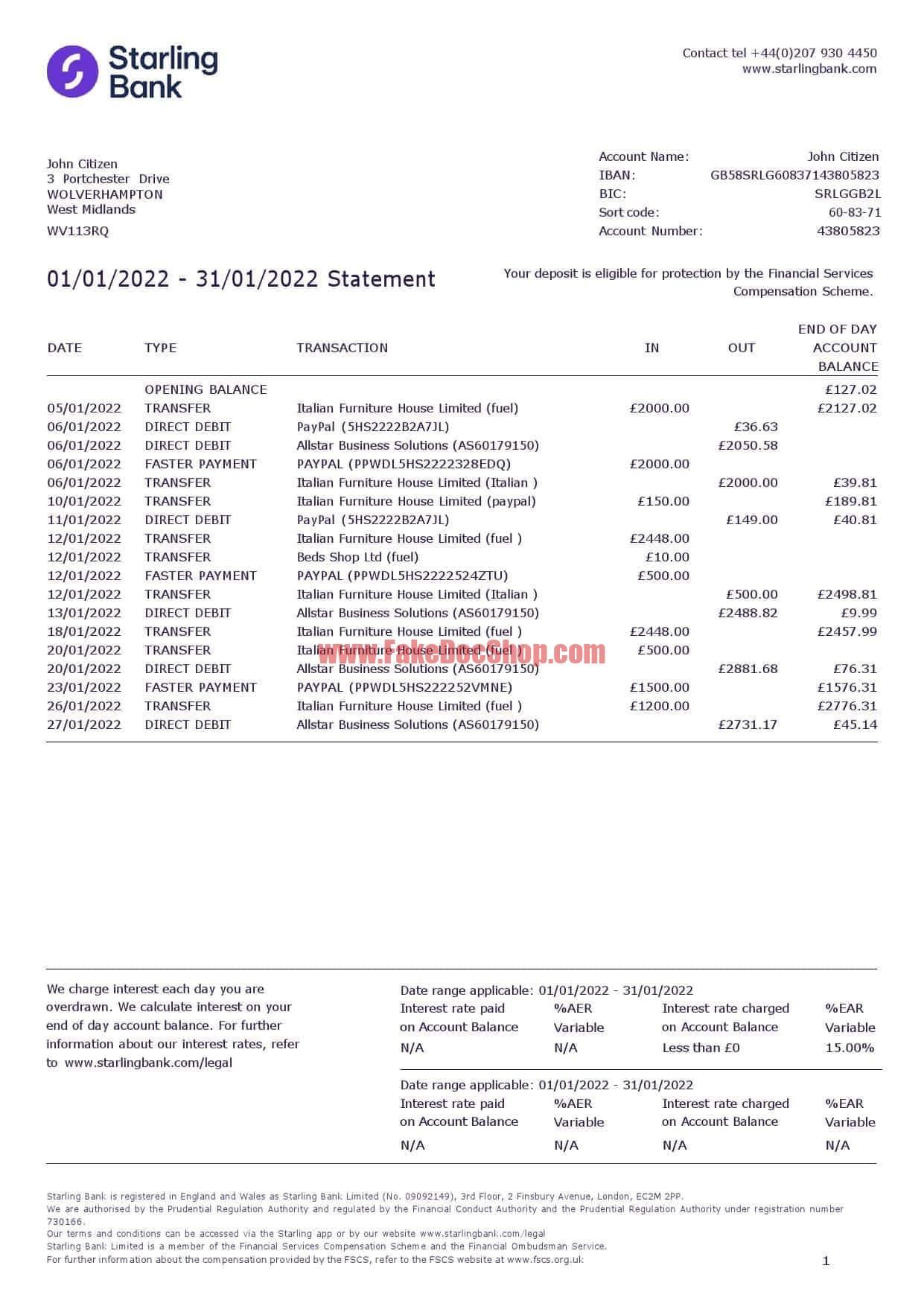 United Kingdom Starling Word And PDF Template Version 2 - Fakedocshop