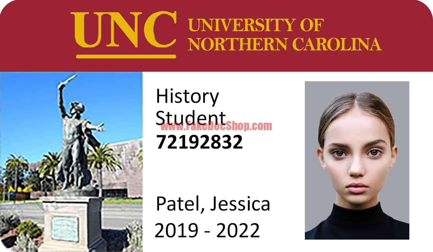 University Of Northern Carolina Student ID Card PSD Template - Fakedocshop