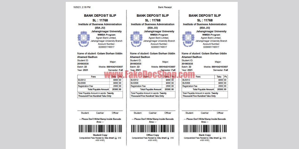 Bangladesh IBA-JU WMBA Program Bank Deposit Slip And Receipt Template ...