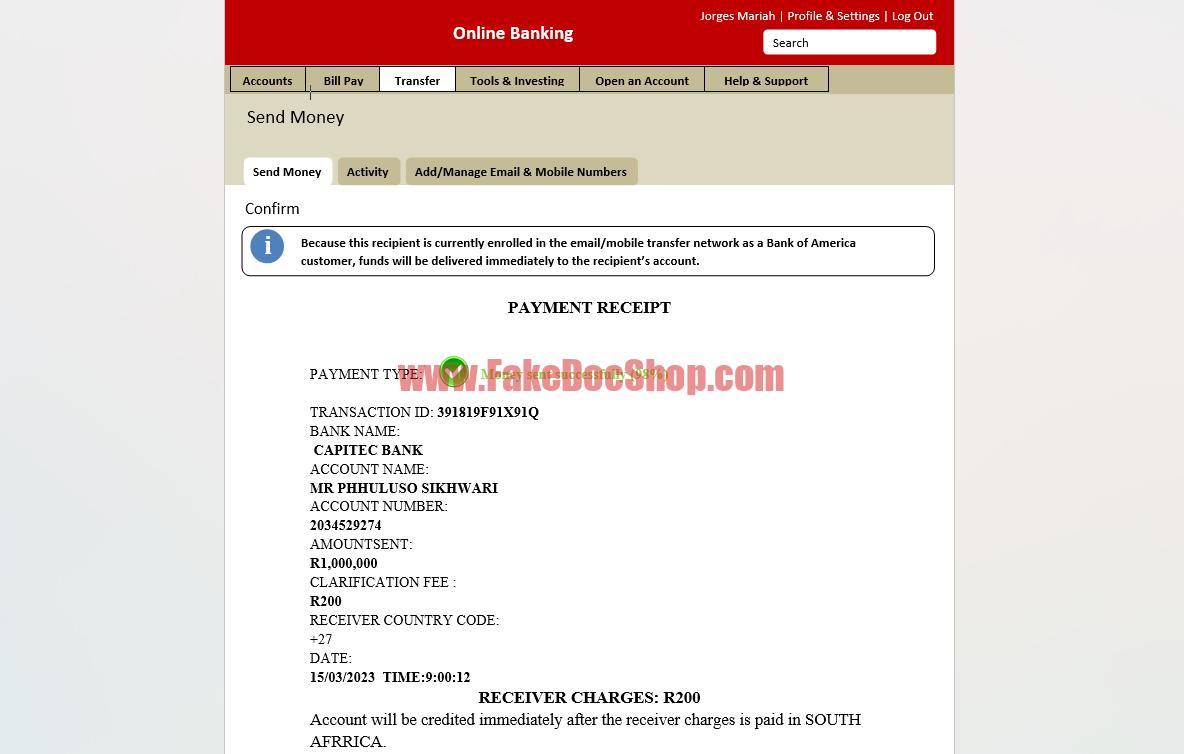 Bank Transfer Confirmation Notice Template - Fakedocshop