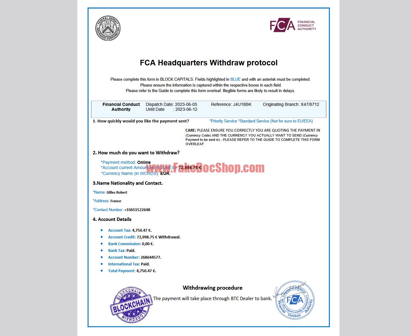 United Kingdom FCA Headquarters Bank Withdrawal Protocol Template In ...