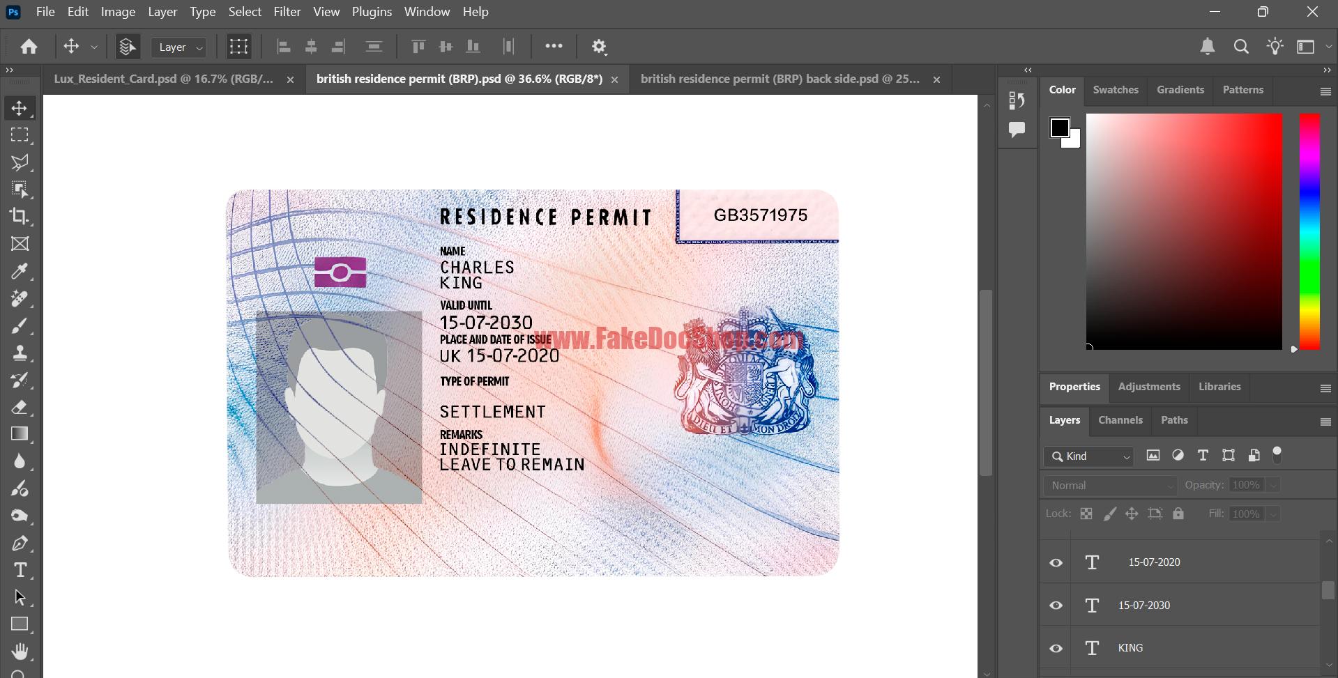 United Kingdom Biometric Residence Permit BRP Card PSD Template ...