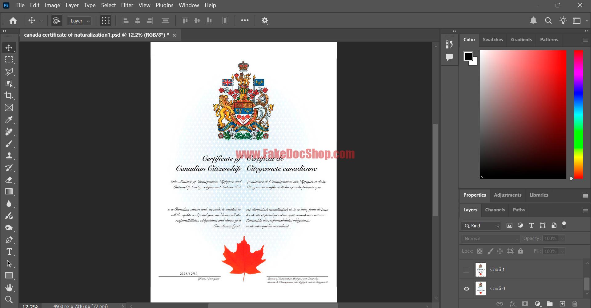 Canada Certificate Of Naturalization PSD Template 2025 - Fakedocshop