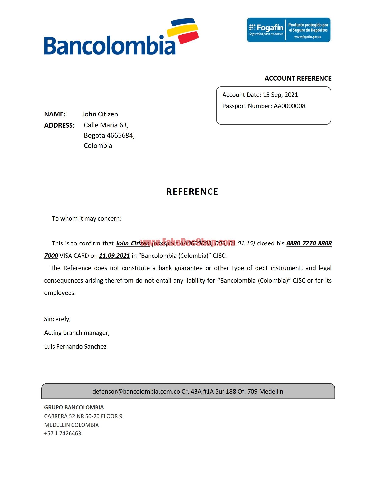 Colombia Bancolombia Bank Account Reference Letter Template - Fakedocshop